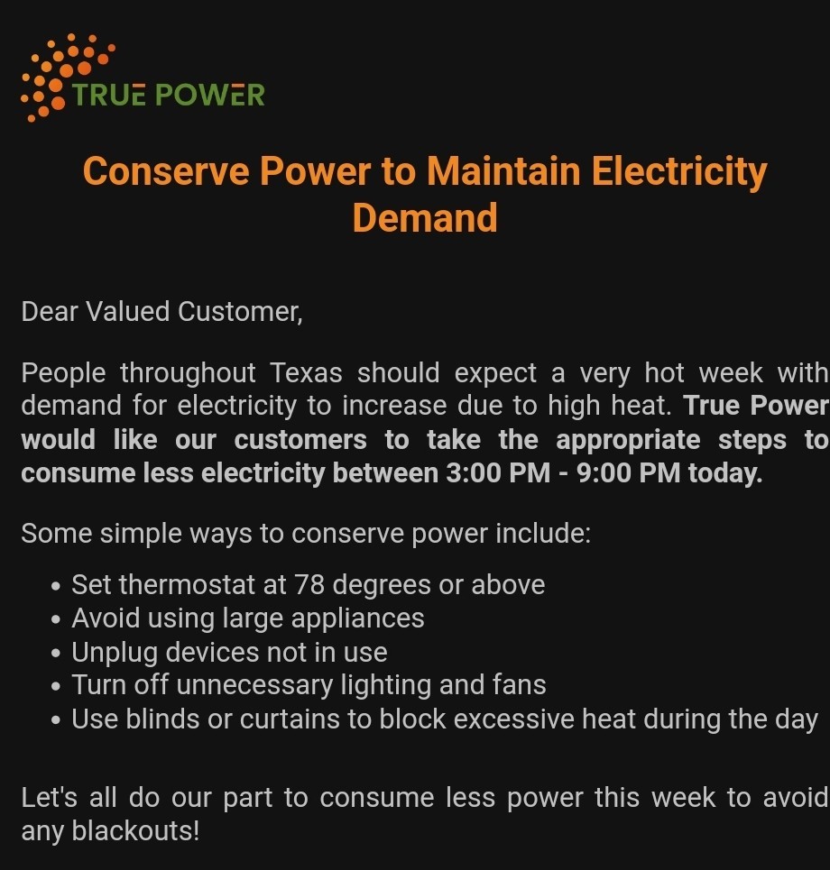 Conserve power between 3:00 PM - 9:00 PM today.