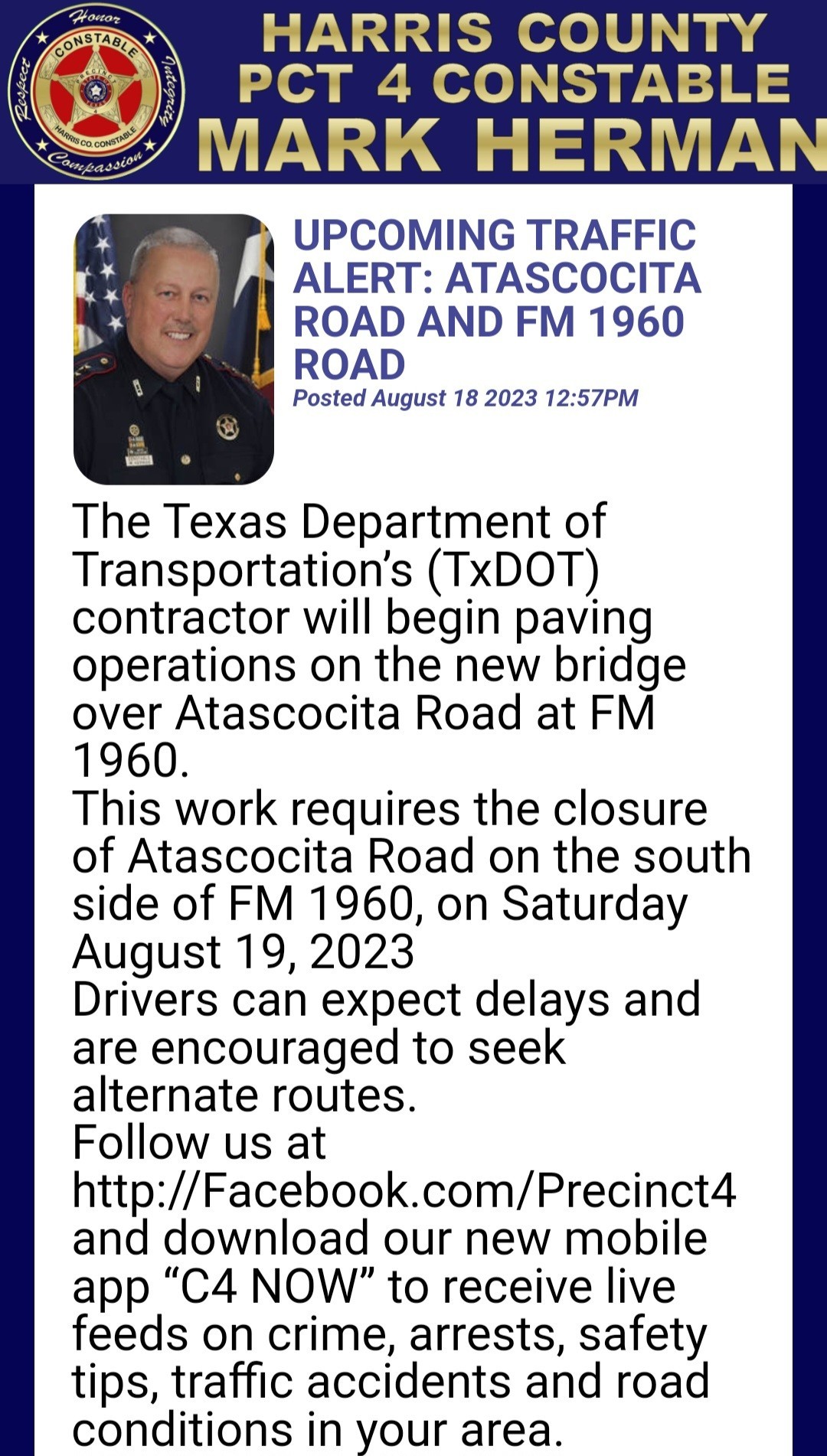 Atascocita Saturday traffic alert...